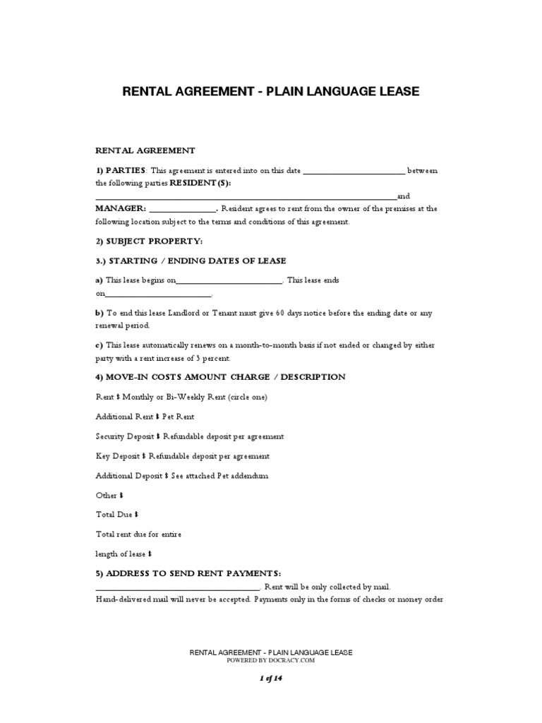 Rental Agreement - Plain Language Lease | PDF | Landlord | Lease