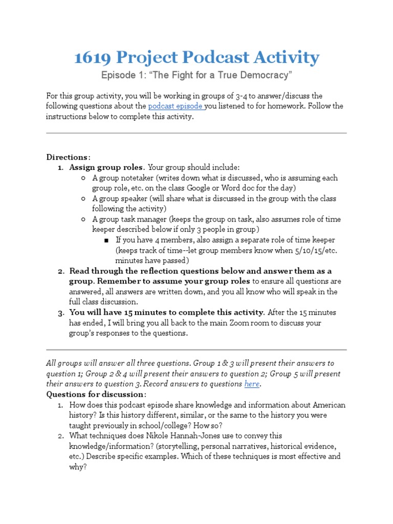 1619 Project Podcast Activity: Episode 1: "The Fight For A True ...