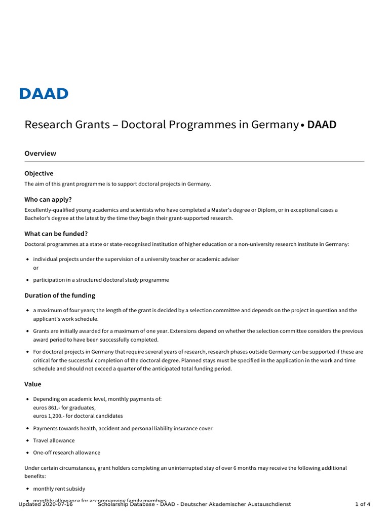 Research Grants - Doctoral Programmes in Germany: - Daad | PDF