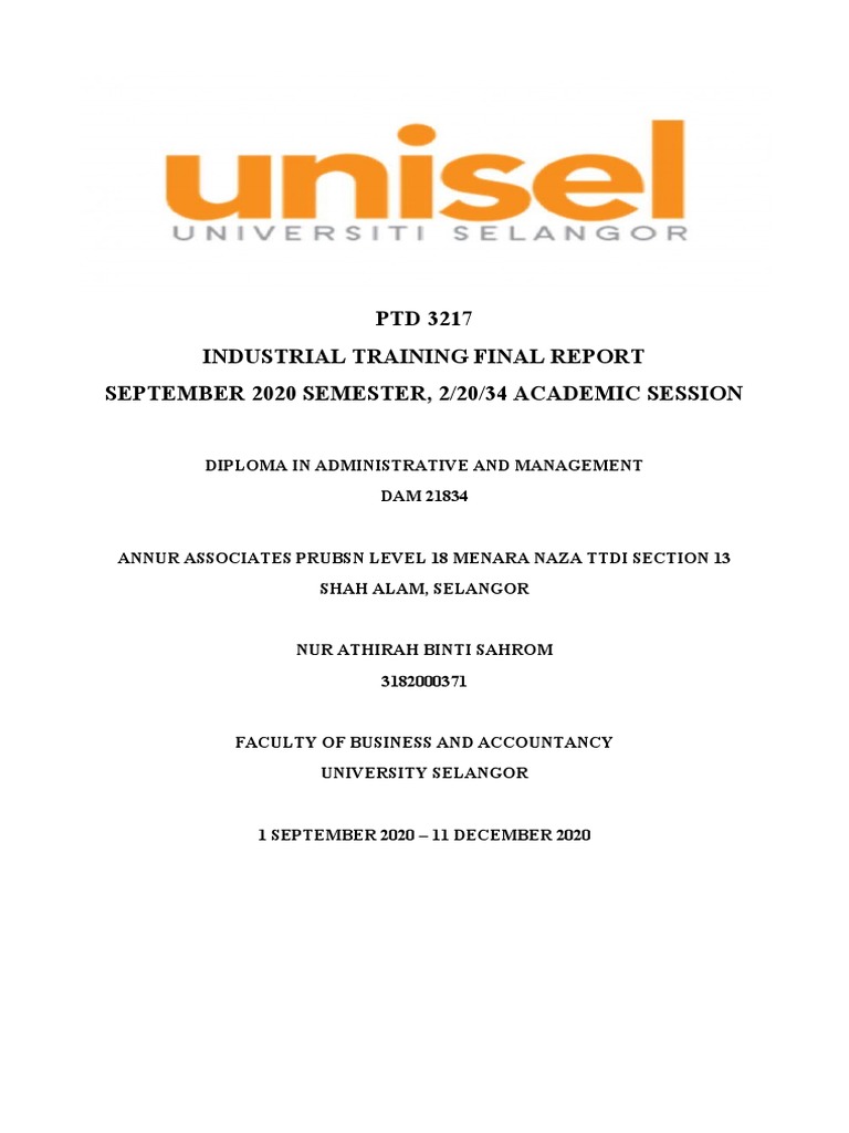 PTD 3217 Industrial Training Final Report September 2020 Semester, 2/20 ...