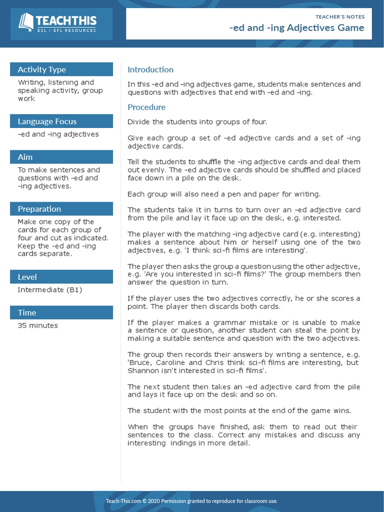 Ed and Ing Adjectives Game PDF | PDF | English As A Second Or Foreign ...