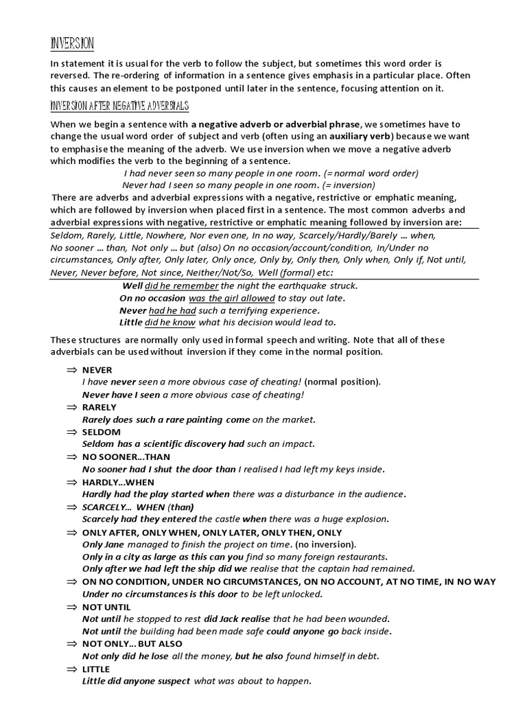 Inversion: Inversion After Negative Adverbials | PDF | Adverb | Verb