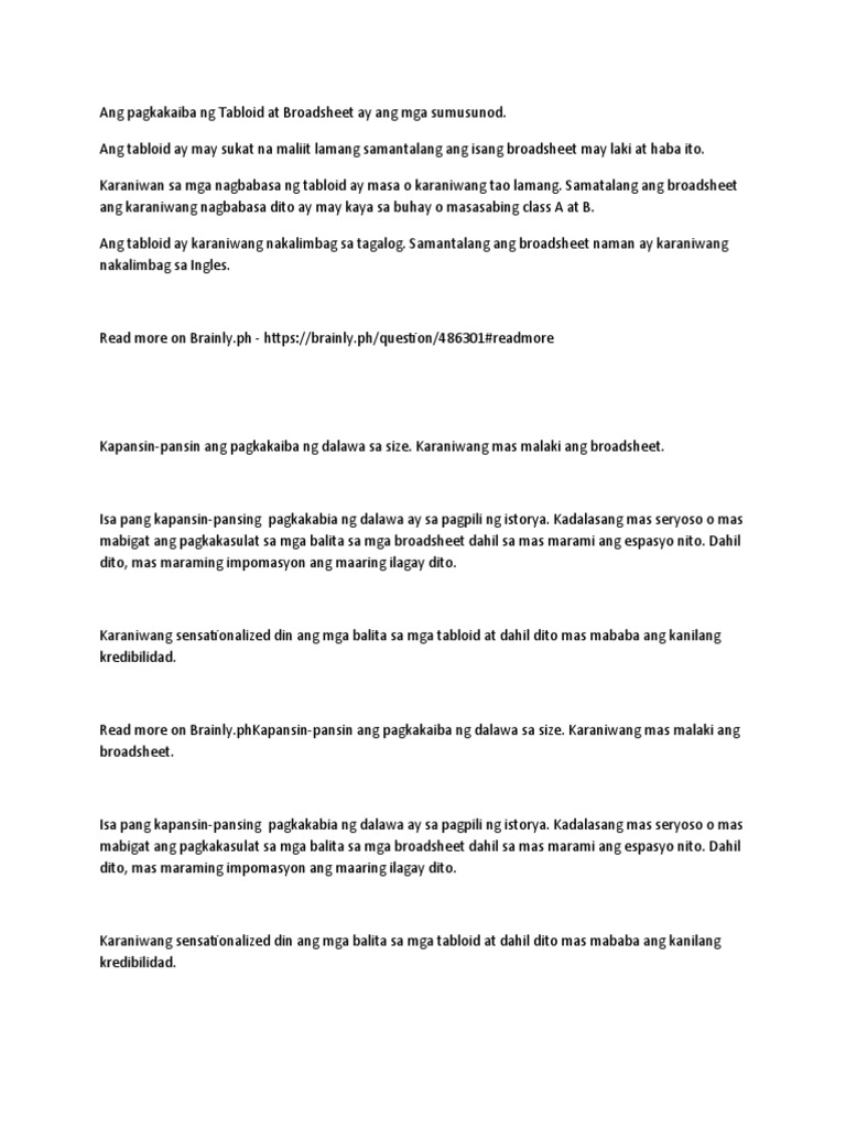 Ang Pagkakaiba NG Broadsheet at Tabloid | PDF