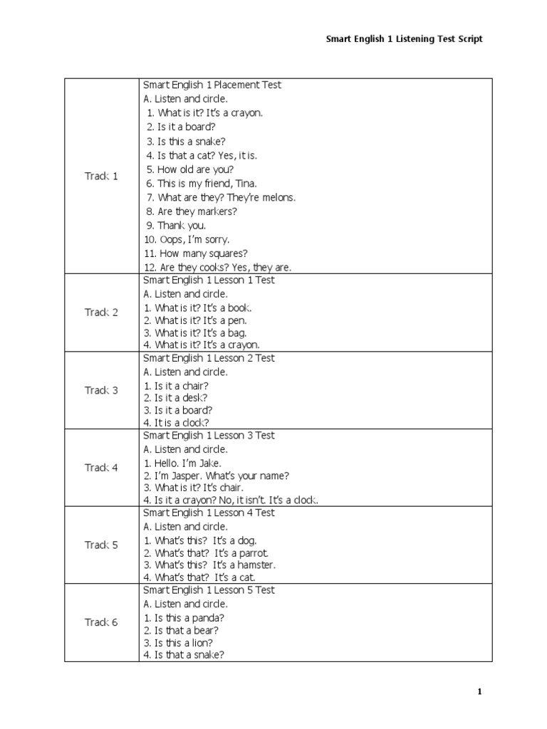 Smart English 1 - Listening Test Script | PDF | Color | Vision