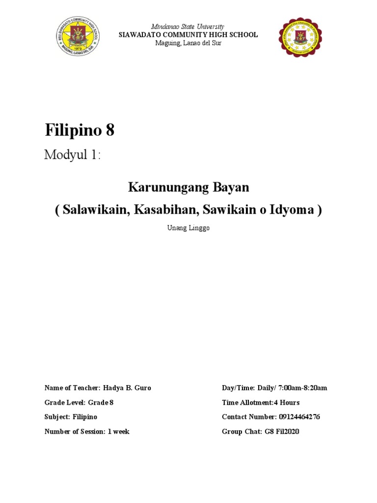 Filipino 8 Module: Karunungang Bayan | PDF | Wellness