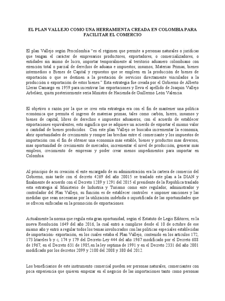 El Plan Vallejo Como Una Herramienta Creada en Colombia para Facilitar El Comercio | PDF ...