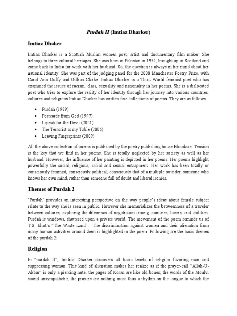 Imtiaz Dhaker: Purdah II (Imtiaz Dharker) | PDF | Critical Theory ...