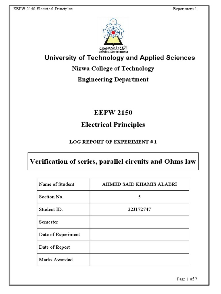 Experiment 1-Verification of Series, Parallel Circuits and Ohms Law ...