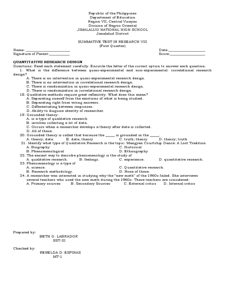 Summative Test on Research Methods | PDF | Research Design ...