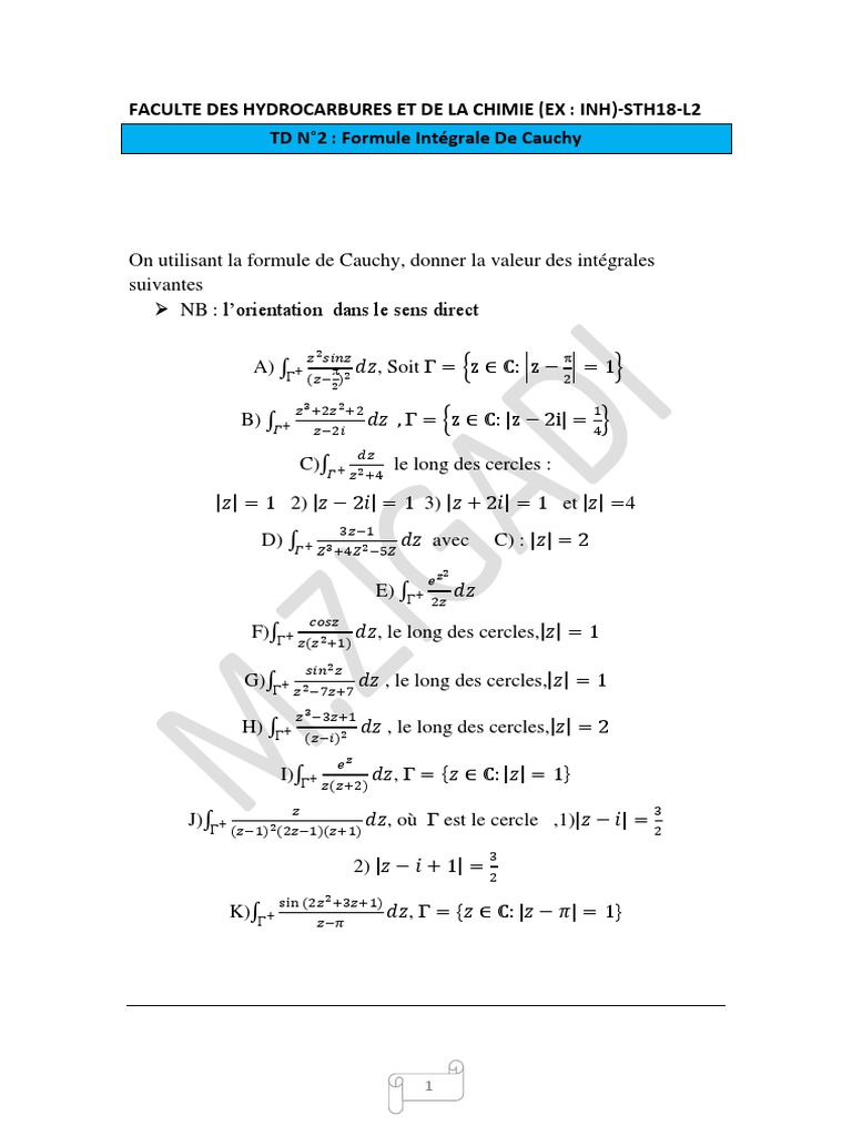 Exercices sur la formule intégrale de Cauchy | PDF | Analyse ...