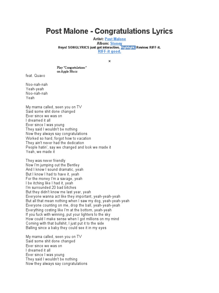 Post Malone - Congratulations Lyrics: Artist: Album | PDF | Albums ...