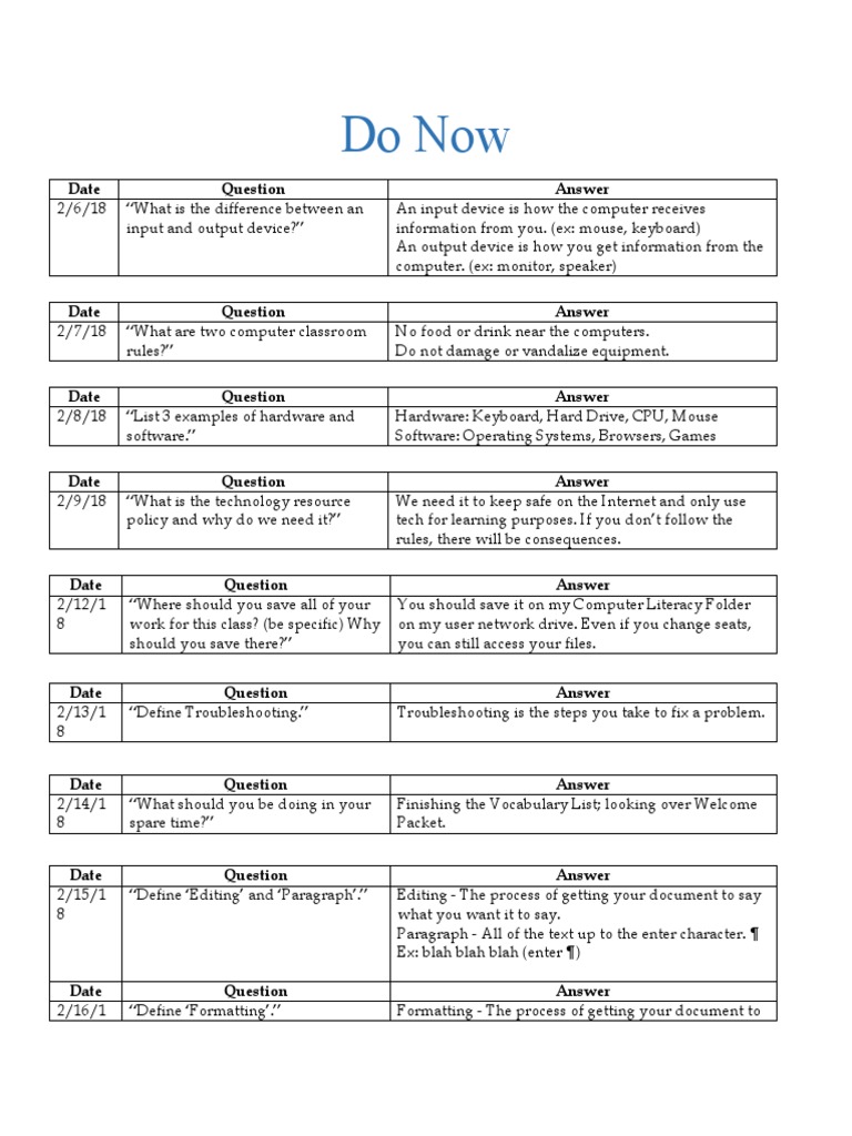 Do Now: Date Answer | PDF | Microsoft Excel | Input/Output