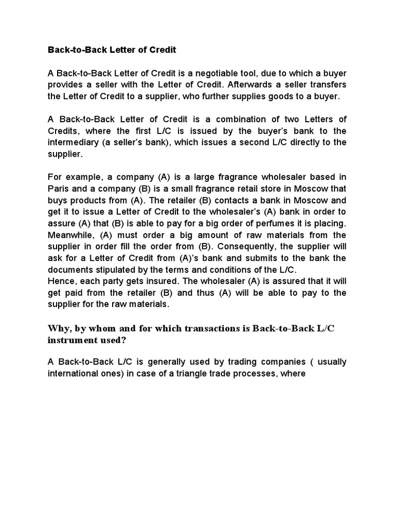 Back-to-Back Letter of Credit: Why, by Whom and For Which Transactions ...