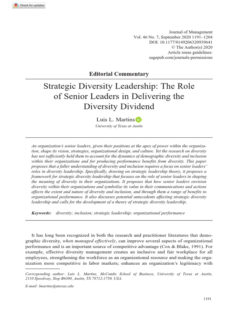 Strategic Diversity Leadership The Role of Senior Leaders in Delivering ...