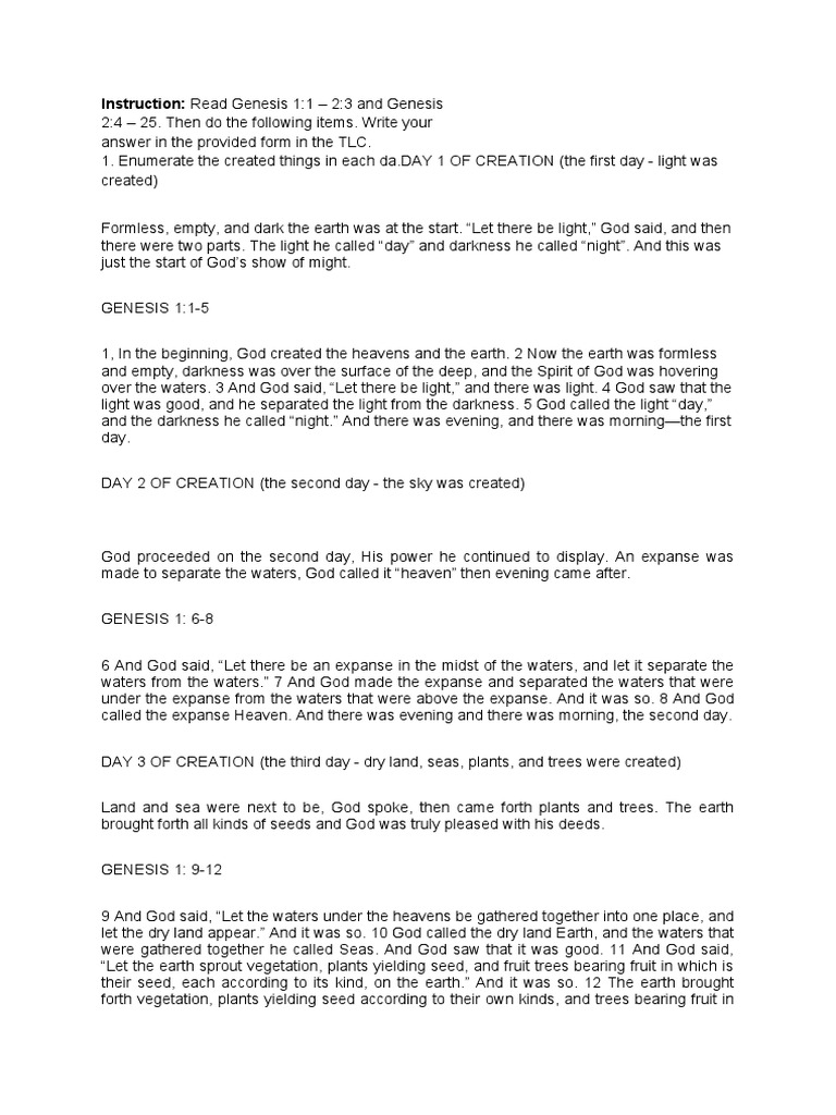 Instruction - Read Genesis 1 - 1 - 2 - 3 and Genesis | PDF | Genesis ...