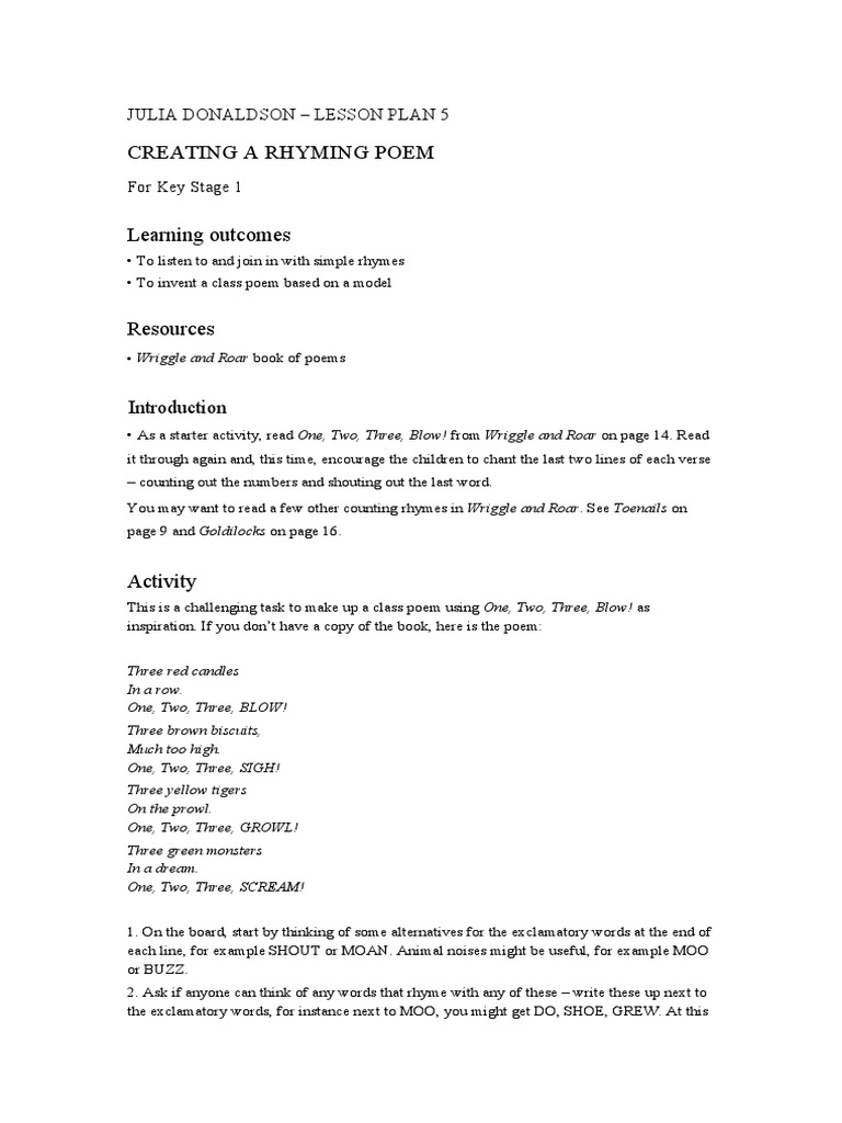 Julia Donaldson Ryming Lesson Plan | PDF | Poetry | Books