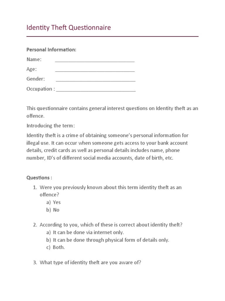 Identity Theft Questionnaire: Personal Information | Download Free PDF ...