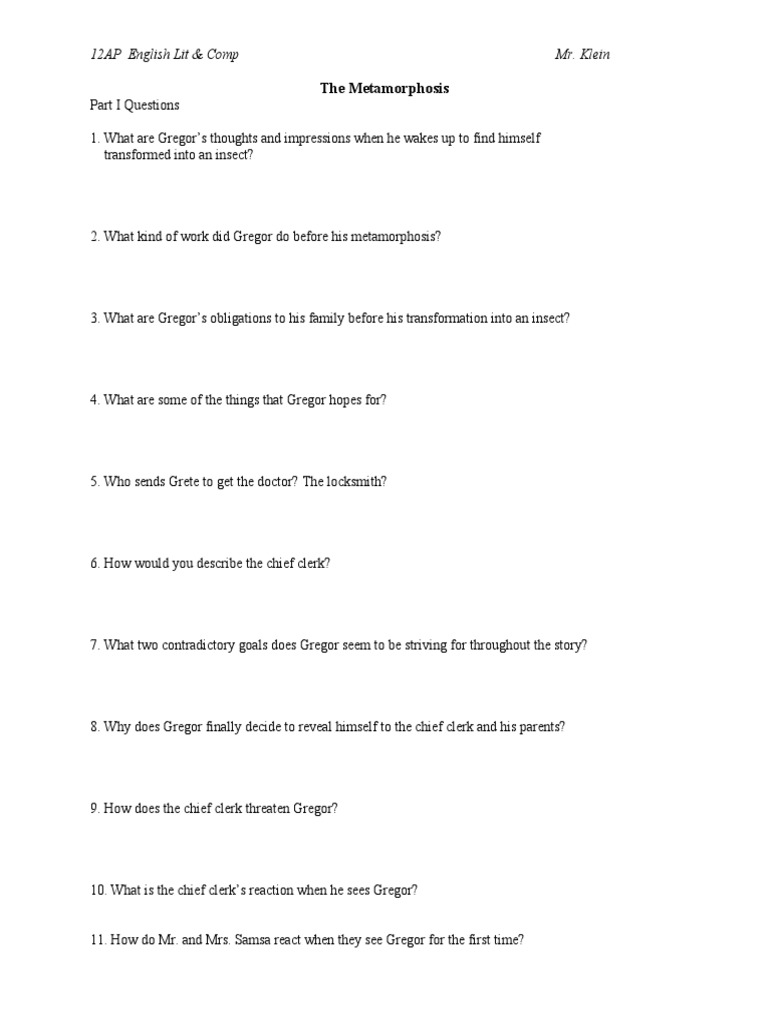 Metamorphosis - Study Questions | PDF | The Metamorphosis