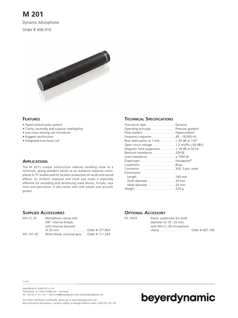 Dynamic Microphone Order # 406.910: Eatures Echnical Pecifications ...