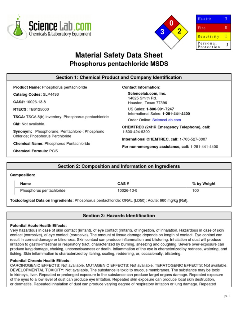 Msds Ogf Phosphorus Pentachloride | PDF | Phosphorus | Toxicity