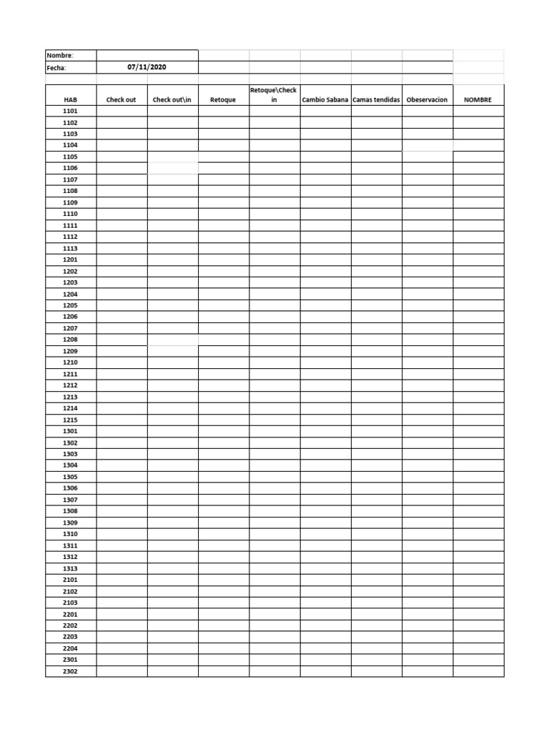 Registro de Habitaciones Por Dia - Sheet3 PDF | PDF