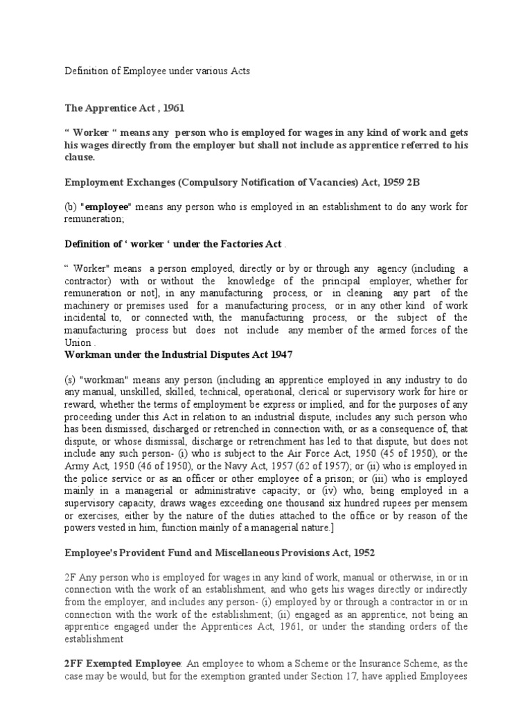 Definition of Employee and Workman Under Various Acts | PDF | Wage ...