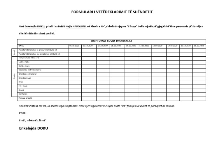 Formulari I Vetëdeklarimit Të Shëndetit | PDF