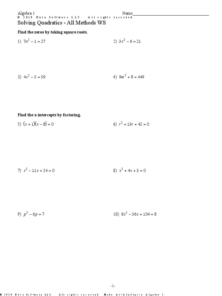 Solving Quadratics - All Methods Ws | PDF | Quadratic Equation | Equations