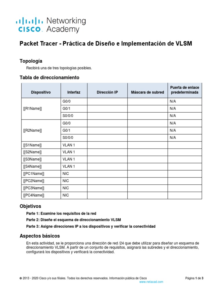 11.9.3 Packet Tracer - VLSM Design and Implementation Practice - Es XL | PDF | Dirección IP ...
