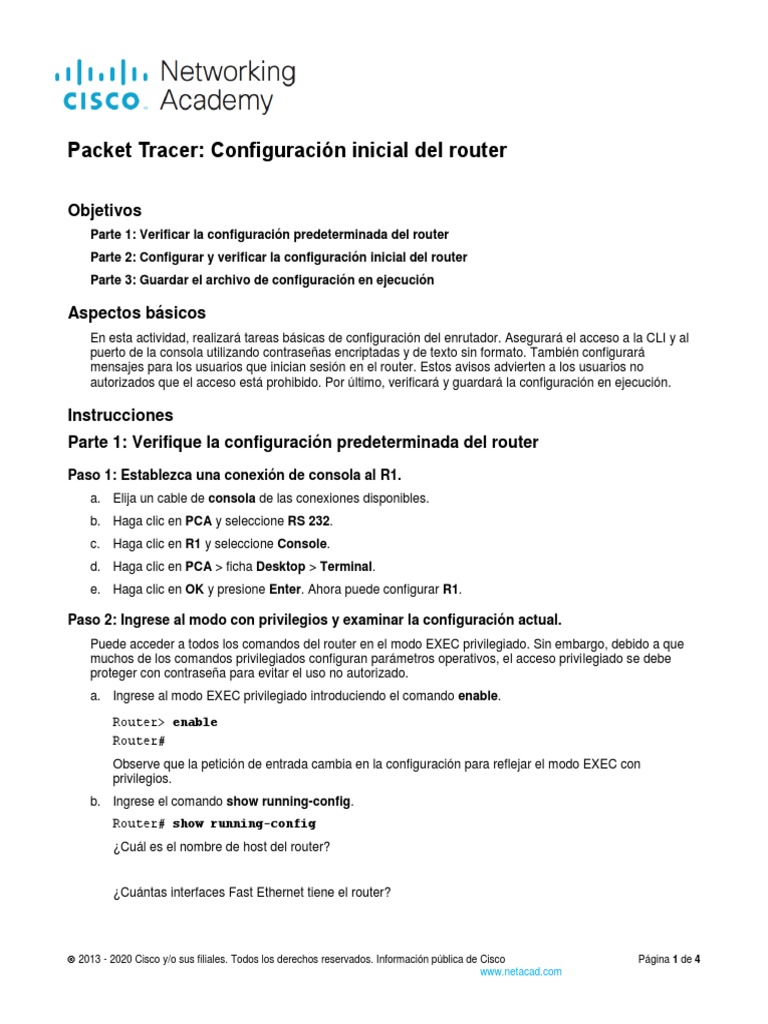 10.1.4 Packet Tracer - Configure Initial Router Settings - Es XL | PDF | Interfaz de línea de ...