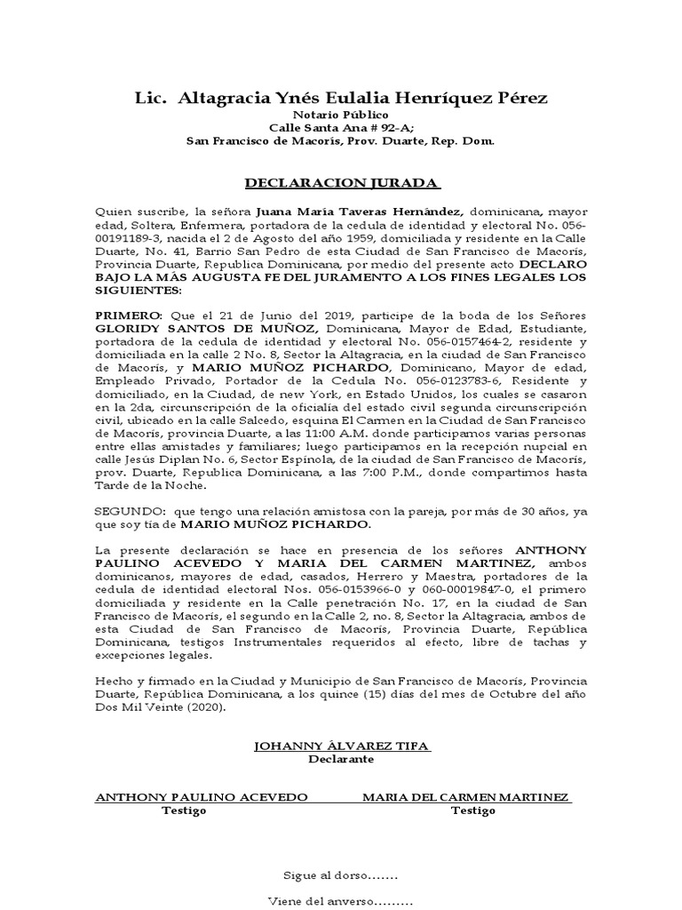 Declaración Jurada de Matrimonio en RD | PDF | República Dominicana ...