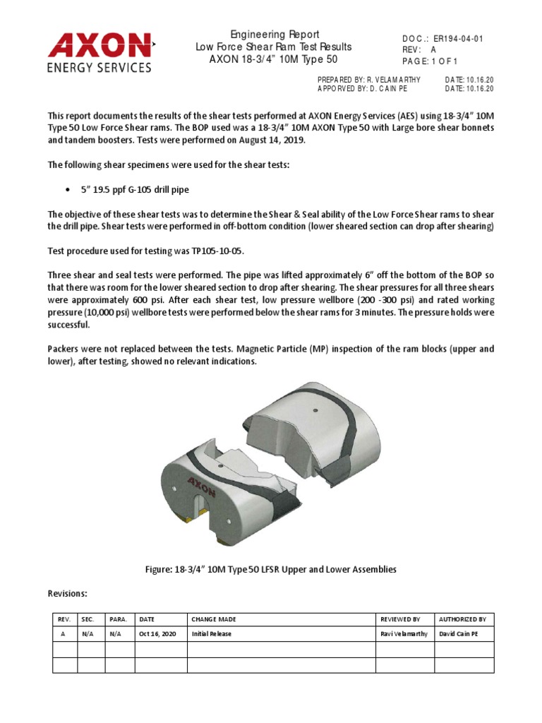 Low Force Shear Ram Test Results on 5” 19.5 ppf G-105 Drill Pipe | PDF ...