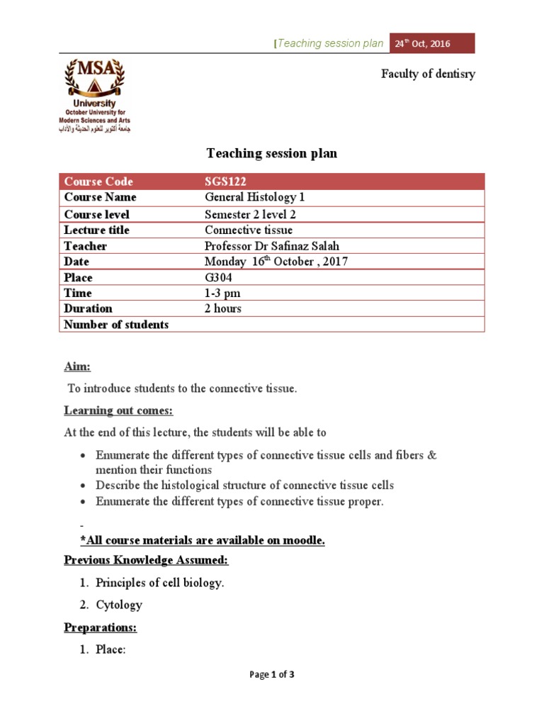 Teaching Session Plan: Faculty of Dentisry | PDF | Tissue (Biology ...