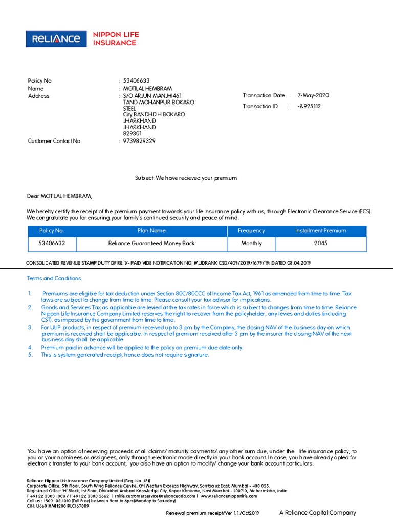 Policy receipt for life insurance premium payment | PDF | Insurance ...