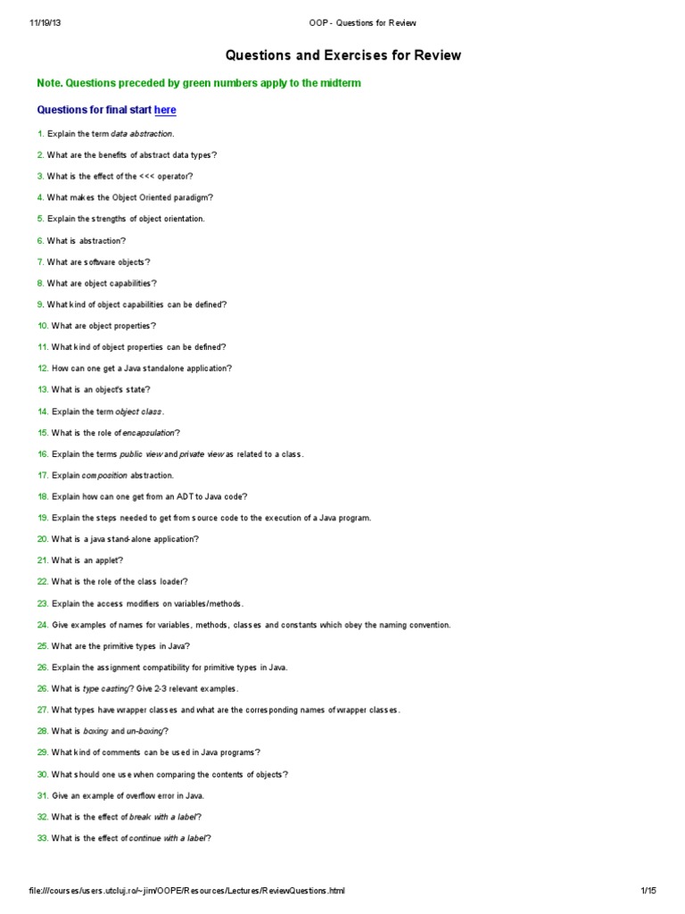 Oop Questions For Review Pdf Method Computer Programming 0097