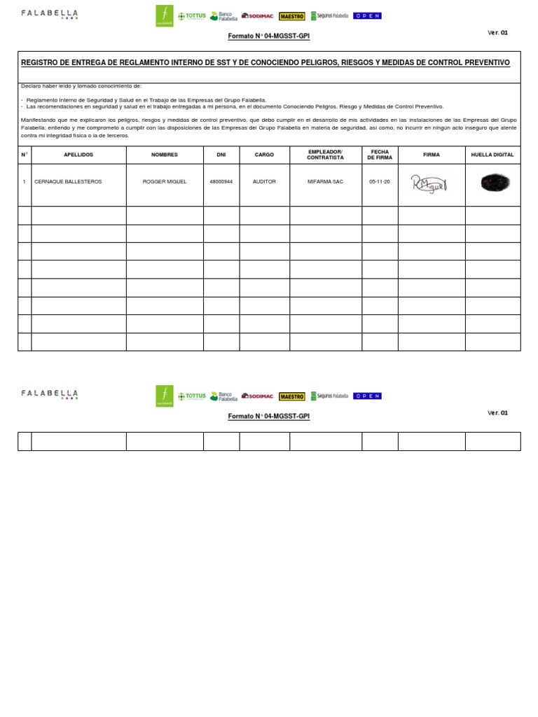 Registro de Entrega de RISST y de Conociendo Peligros, Riesgos y Medidas de Control | PDF ...