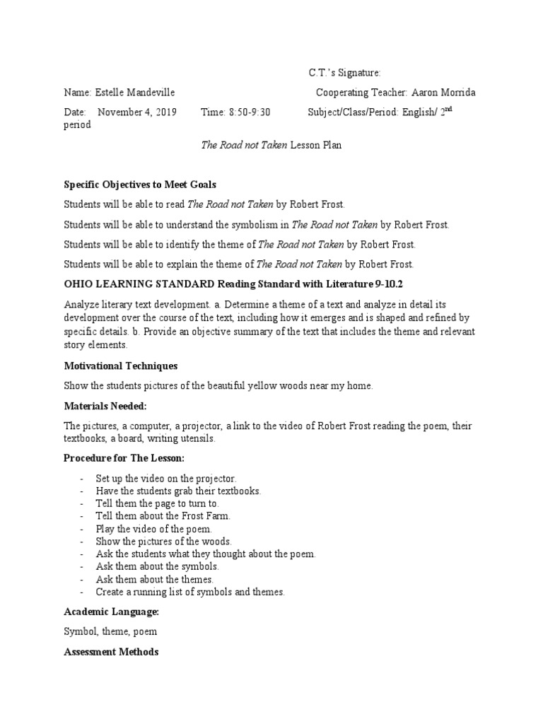 Lesson Plan for "The Road Not Taken" | PDF | Language Arts & Discipline