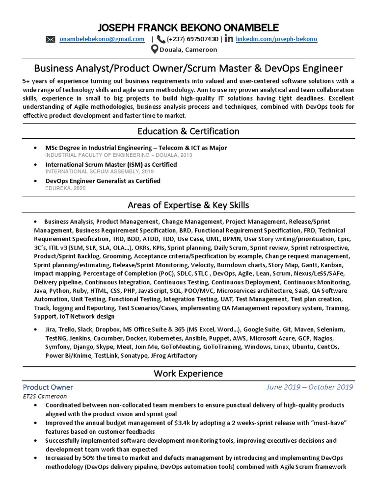 CV - Joseph Franck Bekono Onambele | PDF | Scrum (Software Development) | Agile Software Development