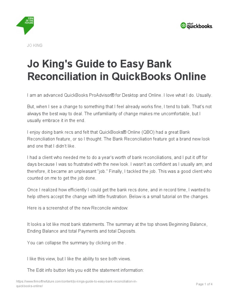 Jo King'S Guide To Easy Bank Reconciliation in Quickbooks Online | PDF ...