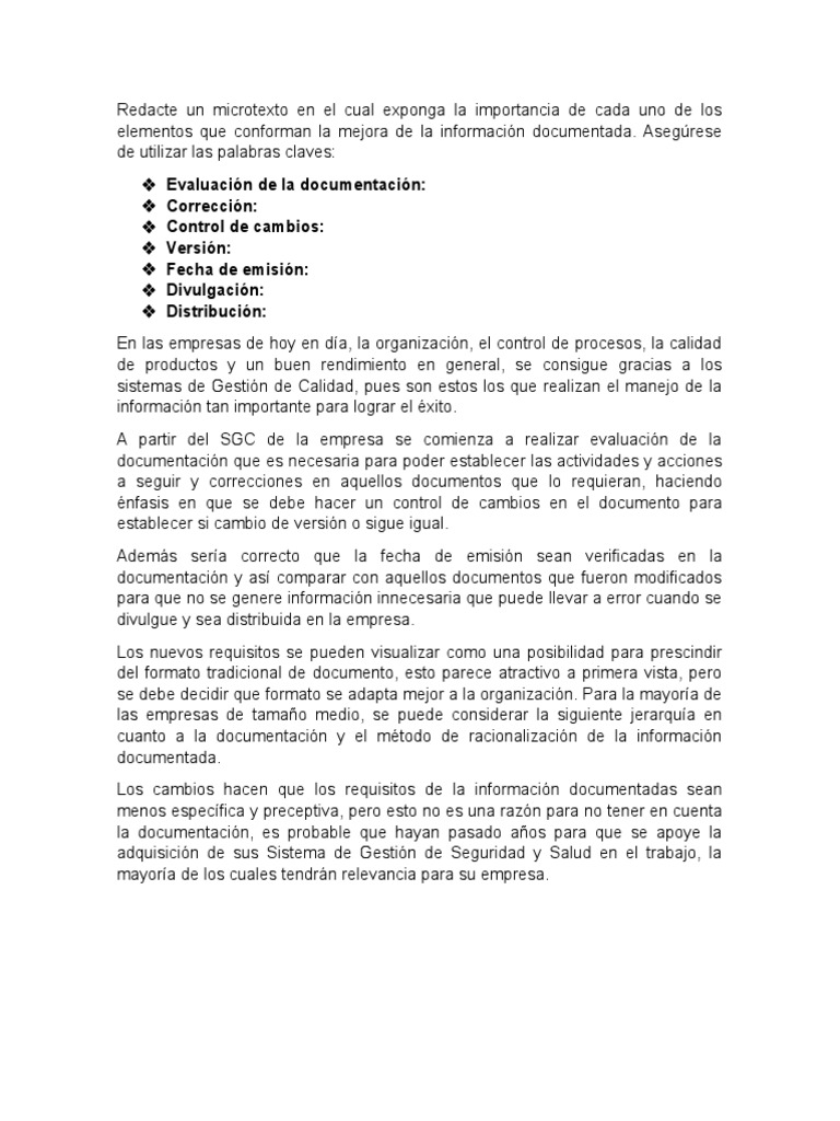 Redacte Un Microtexto en El Cual Exponga La Importancia de Cada Uno de ...