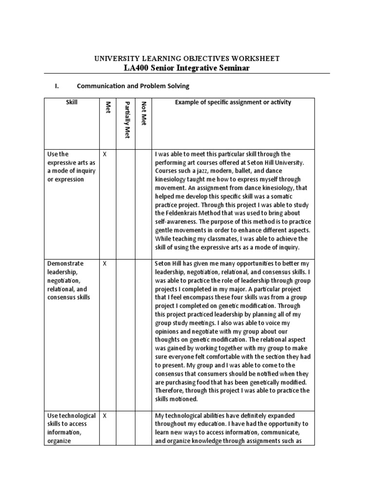 LA400 Senior Integrative Seminar: University Learning Objectives ...