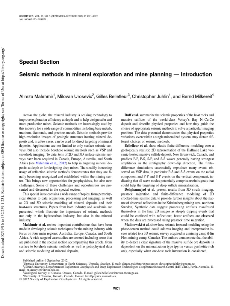 Seismic Methods in Mineral Exploration and Mine Planning - Introduction | PDF | Reflection ...