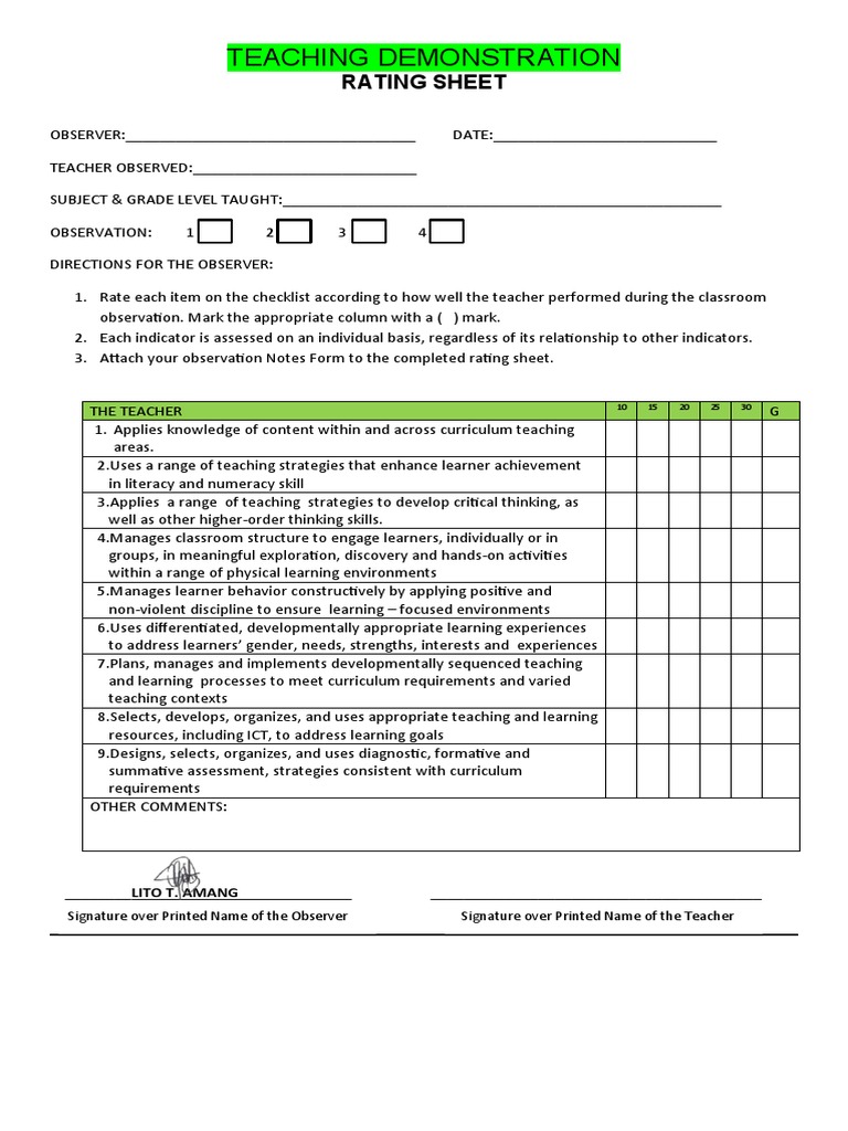 Teaching Demonstration: Rating Sheet | PDF | Curriculum | Educational Psychology