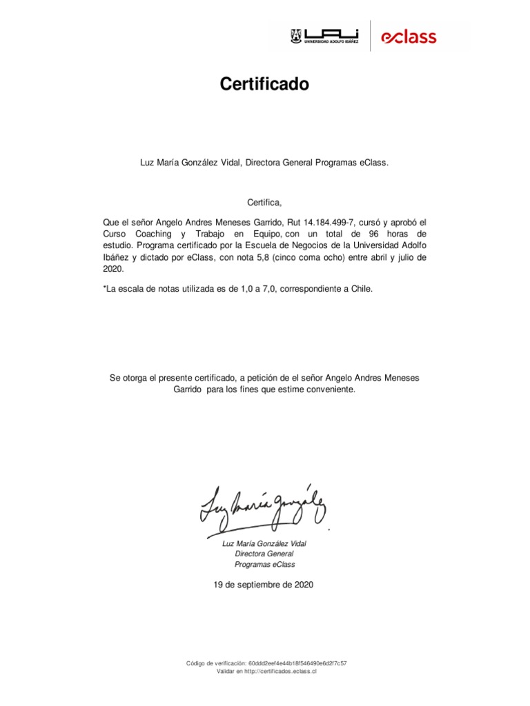 Certificado: Luz María González Vidal Directora General Programas Eclass | PDF