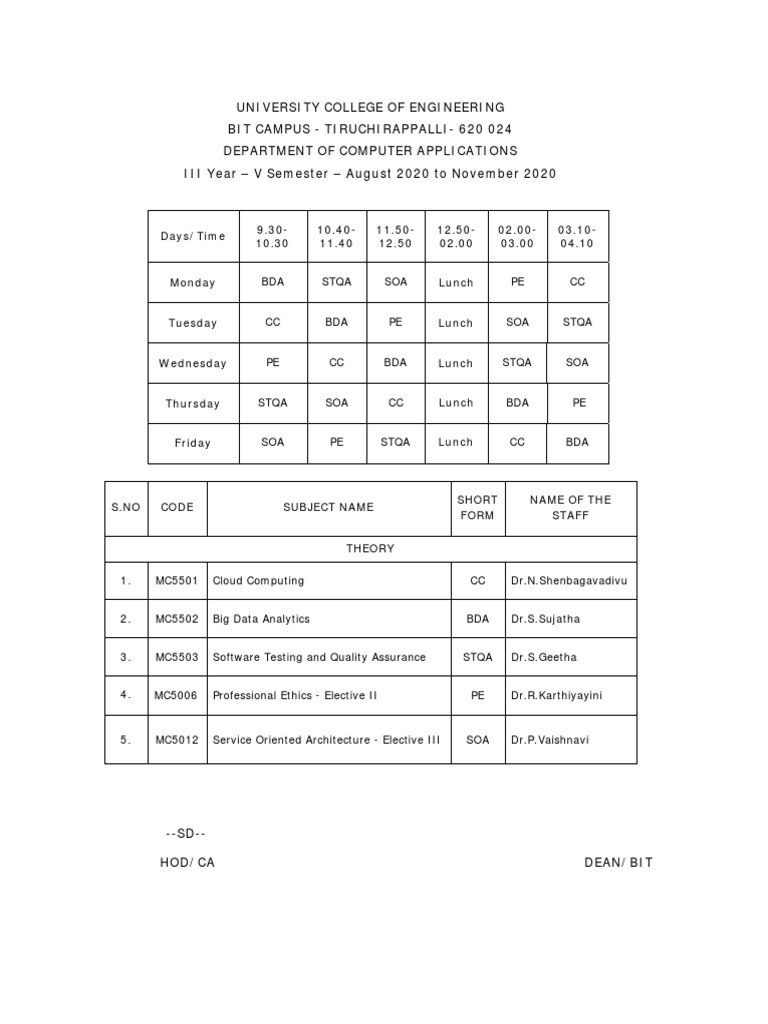 Third Year Time Table | PDF