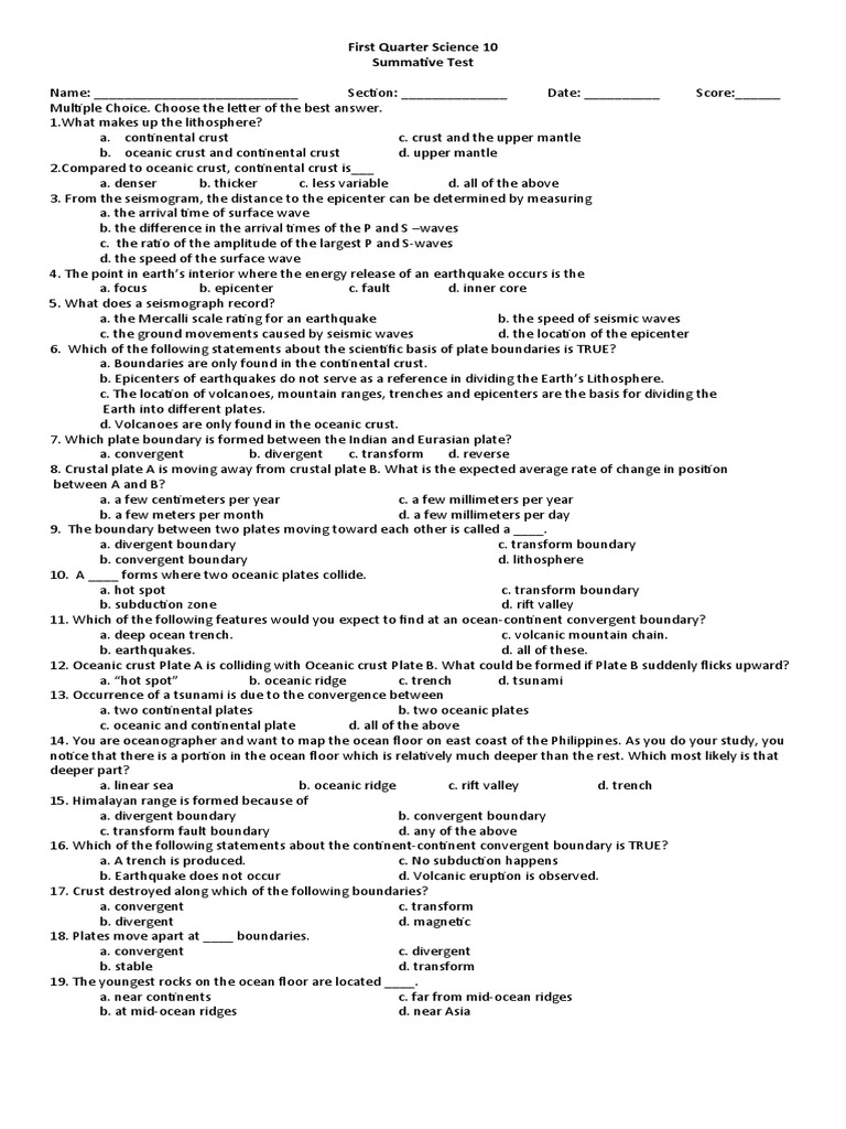 Grade 10 Plate Tectonics Quiz | PDF | Plate Tectonics | Earthquakes