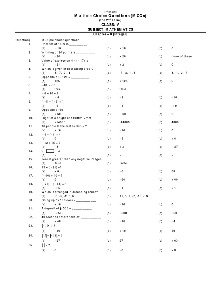 Multiple Choice Questions (MCQS) Class: V: Subject: Mathematics | PDF ...