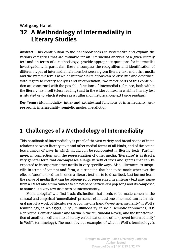 A Methodology of Intermediality in Literary Studies | PDF | Narrative ...