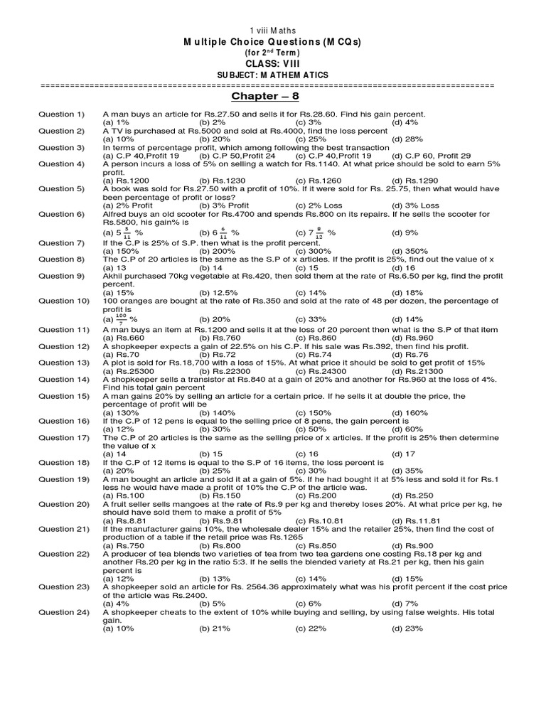 Multiple Choice Questions (MCQS) Class: Viii: Subject: Mathematics ...