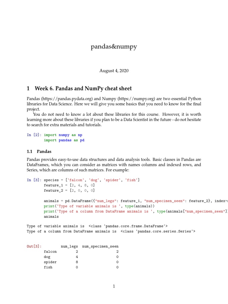 1 Week 6. Pandas and Numpy Cheat Sheet | PDF | Linear Algebra | Algebra